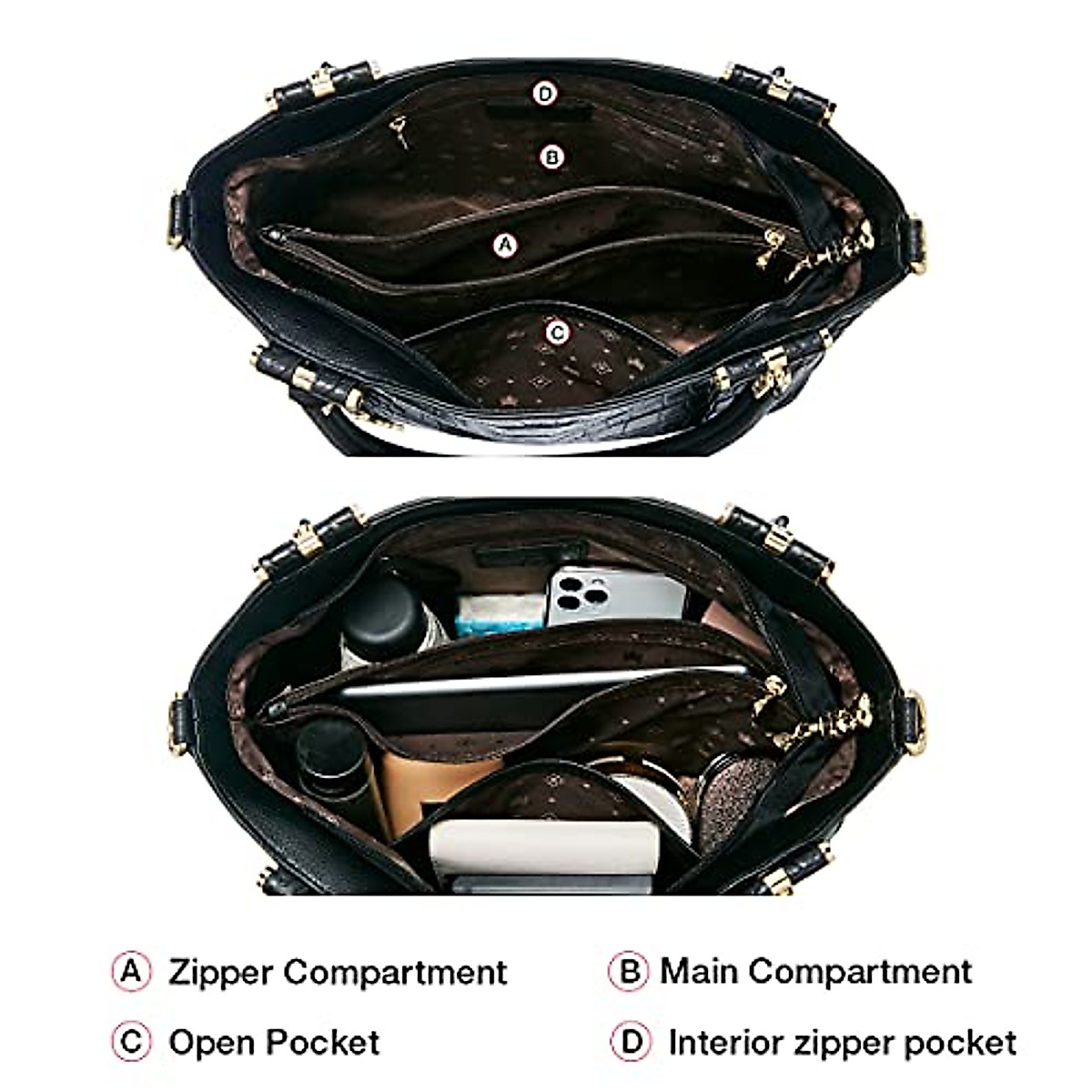 Leather Handbags for Women, Split Leather Large Capacity Zipper Closure Ladies Top-handle Handbags Womens Roomy Tote Purses Women's Fashion Shoulder Bag Handbag (Black1)