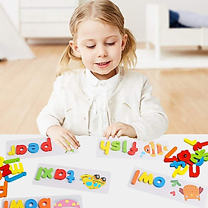 HOONEW Alphabet Learning Toys Read Spelling Matching Letter Games Wooden Sight Word Flash Cards ABC Recognition Game Montessori Educational Tool Set for Kids 3 4 5 Years Old