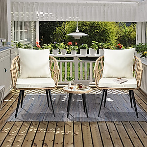 HYDRAGARDEN 3 Piece Patio Bistro Set, Outdoor Wicker Conversation Chair Sets Balcony Furniture with Coffee Table & Cushions, All-Weather Rattan Table and Chairs Set for Porch Backyard Deck Poolside