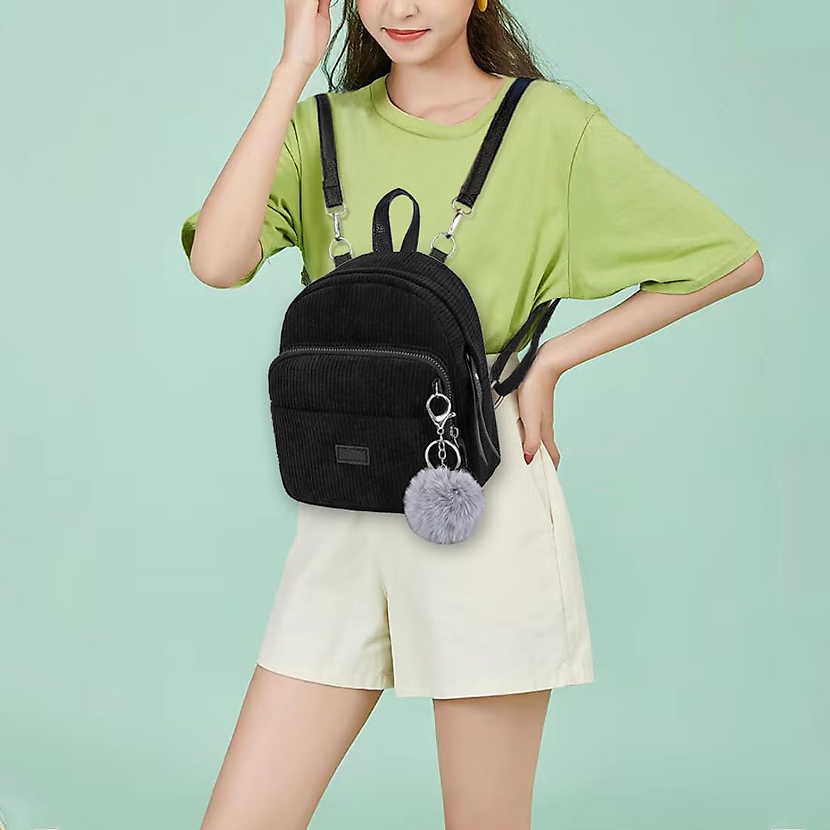 Cute Mini Backpack 3 Way Carry Light-weight Corduroy Casual Daypack Detachable Keyring Fur Pom Pom Ball for Women (black)