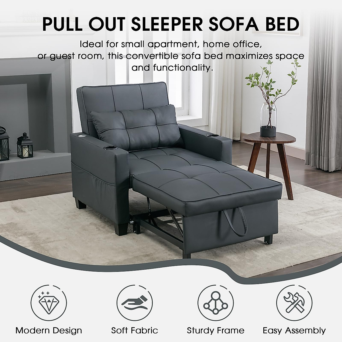 NIOIIKIT Convertible 3-in-1 Pull Out Bed, Leather Upholstered Single Sleeper Sofa Bed with USB Ports, Cup Holders & Side Pockets, Lounge Chaise for Living Room (Light Grey Leather)