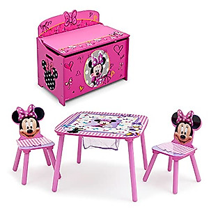 Minnie Mouse 4-Piece Playroom Set by Delta Children - Includes Table with 2 Chairs and Deluxe Toy Box, Pink