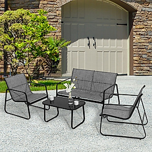 PIZZELLO 4 Pieces Patio Furniture Set Outdoor Garden Patio Conversation Sets with 2 Porch Chairs, Loveseat and Glass Coffee Table, Textilene Bistro Set (Black and Grey)