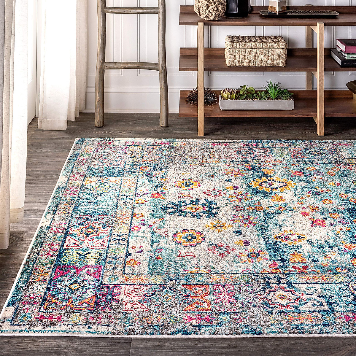 JONATHAN Y BMF103B-4 Bohemian Flair Boho Vintage Faded Navy/Cream 4 ft. x 6 ft. Area-Rug, Vintage, Easy-Cleaning, for Bedroom, Kitchen, Living Room, Non Shedding