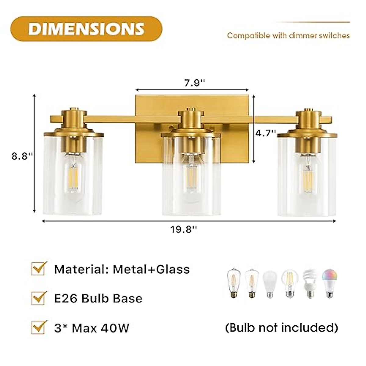 Eatich Bathroom Light Fixtures, 3-Light Brushed Gold Bathroom Vanity Light, Brass Vanity Lights for Bathroom with Clear Glass Shade, Modern Vintage Bathroom Lights Over Mirror