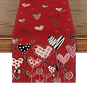 Artoid Mode Red Love Hearts Leaves Valentine's Day Table Runner, Seasonal Holiday Kitchen Dining Table Decoration for Home Party Decor 13x72 Inch