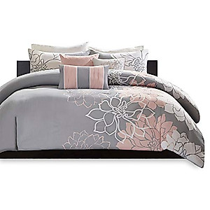 Madison Park Lola Sateen Cotton Comforter Set-Casual Medallion Floral Design All Season Down Alternative Bedding, Shams, Bedskirt, Decorative Pillows, Queen, Grey/Blush 7 Piece