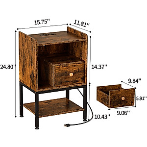 Gannyfer Nightstand with Charging Station,Night Stand with USB Ports and Storage Drawer,Modern 3-Tier End Side Table,Small Wood Bedside Table for Bedroom,Living Room (Brown)