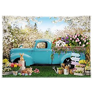 Swepuck 7x5ft Spring Easter Truck Photography Backdrop Floral Bunny Eggs Grass Garden Forest Party Decorations Portrait Photo Booth Banner