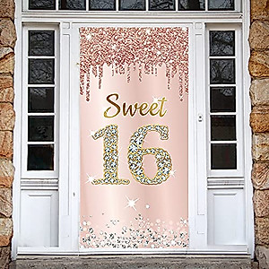 Sweet 16 Birthday Door Banner Backdrop Decorations for Girls, Pink Rose Gold Happy 16th Birthday Party Door Cover Sign Supplies, Sixteen Year Old Birthday Poster Photo Booth Props Decor