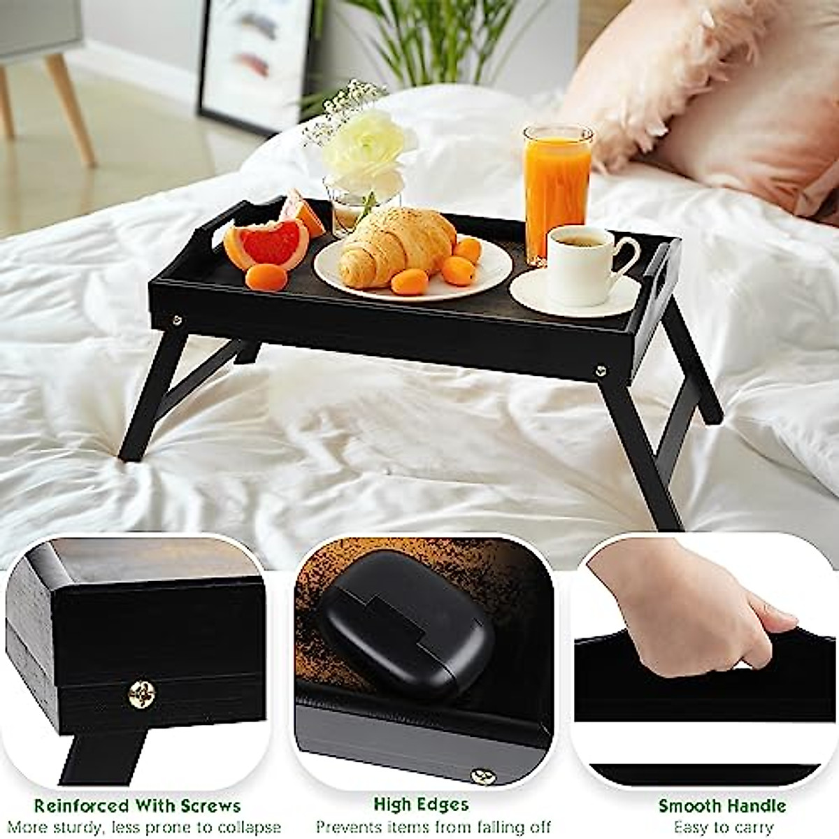 TURSTIN 2 Packs Bed Tray Bamboo Bed Trays Table with Folding Legs Breakfast in Bed Portable Food Serving Lap Tray with Handles for Eating Snack Laptop Working Bed Sofa Kitchen Bedroom, Black