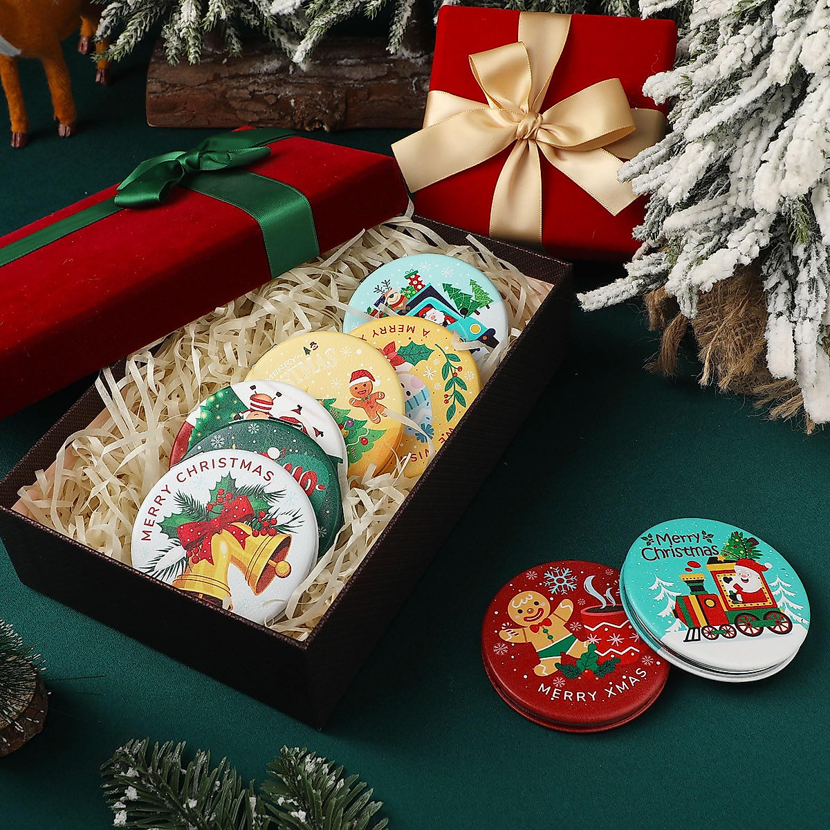 16 Pieces Christmas Compact Mirror Small Magnifying Travel Mirror Bulk Mini Round Pocket Purse Makeup Mirrors Set Folding Portable Handheld 1x/ 2x Magnification for Mom Daughter Christmas Gift