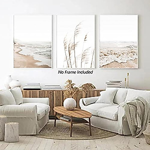 Beach Wall Art Boho Prints Coastal Canvas Wall Art UNFRAMED, Beach Pictures Wall Art Pampas Grass Ocean Poster Plant Landscape Beach Scene Artwork for Living Room Bedroom Decor 16x24 Inch, Set of 3