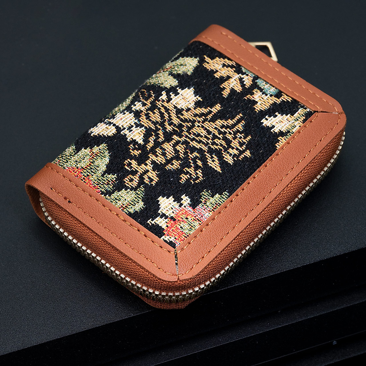 louyebh Credit Card Holder, Zipper Card Cases Organizer Wallet for Men Women Canvas Key Chain Compact Small Size Coin Bag (Black Flowers)