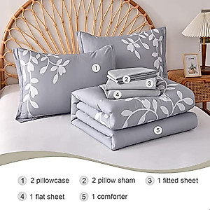 METAHOTS King Size Comforter Set, 7 PCS White Flowers Botanical Printed on Grey Comforter Set with Sheets, Soft Lightweight Microfiber Bedding Set for All Season(104"X90")