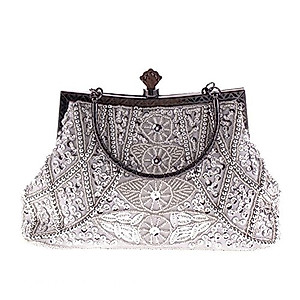 Womens Vintage Jewels Beaded Evening Clutch Bag Top-handle Prom Party Purse Formal Handbag(Silver)