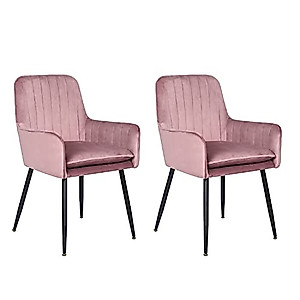 Decent Home Velvet Dining Chair Set of 2 Mid-Back Accent Arm Chairs with Black Metal Legs Modern Leisure Upholstered Seat Living Room Chair Home Desk Chair (Pink-2PCS)