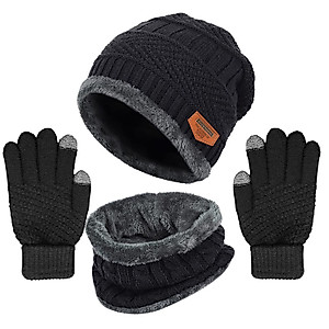 Winter Knit Beanie Hat Neck Warmer Gloves Set, Fleece Lined Skull Cap Scarves Touch Screen Mittens for Men Women Boys