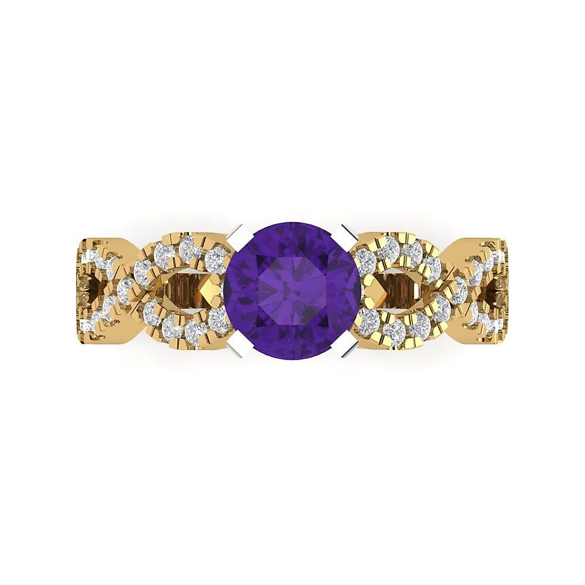 Clara Pucci 1.32ct Round Cut Custom Engraving Solitaire Natural Amethyst Statement W/accent Art Deco Ring 14k 2 tone Gold Size 5