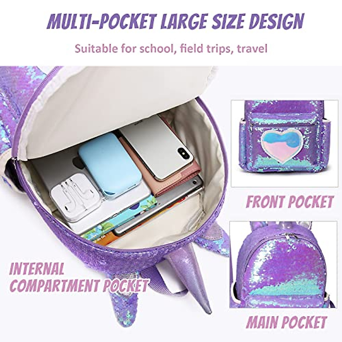 Muizary 3Pcs Cute Unicornios Backpack Set with Lunch Bag, Elementary Knapsack Rainbow Sequins bookbag for Girls and Woman -L(blue)