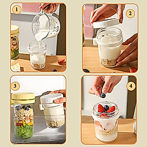 Overnight Oats Containers with Lids and Spoon 16 oz [4 Pack] Large Airtight Overnight Oats Jars Oatmeal Container with Measurement Marks, Glass Mason Jars for Yogurt, Chia Seed Pudding, Cereal, Milk,