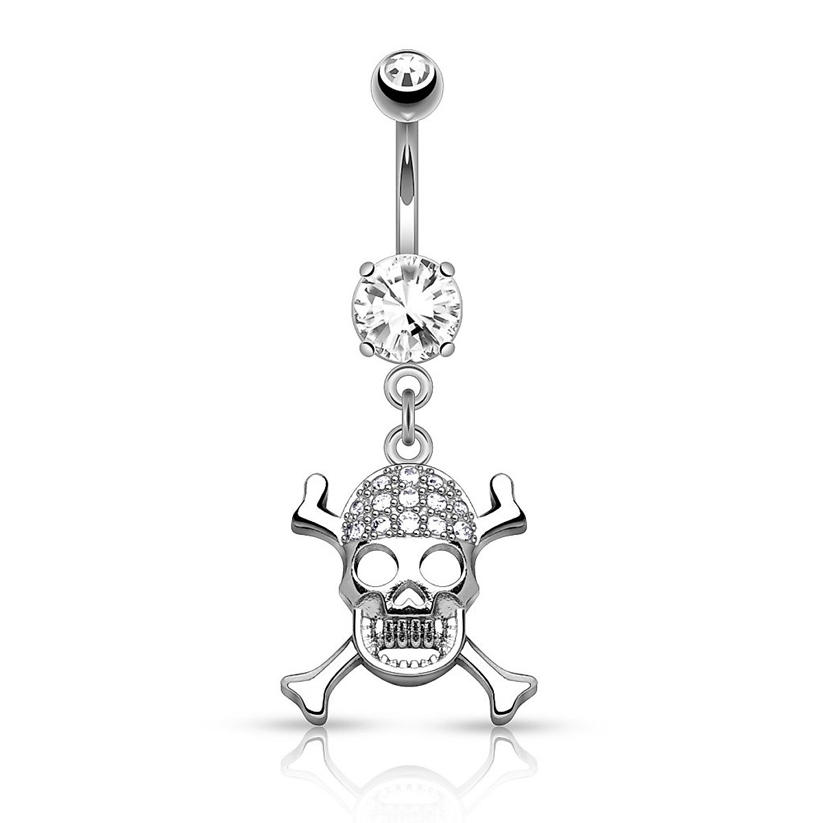 CZ Paved Skull with Cross Bones Dangle 316L Surgical Steel Belly Button WildKlass Navel Rings (Sold by Piece)