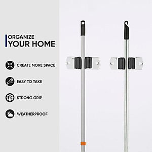 Superio Mop and Broom Holder, Set of 4 Single Piece Hooks, Stainless Steel Wall Mount Cleaning Storage Tool Organizer, Heavy-Duty Hook for Kitchen, Closet Garage, and Office