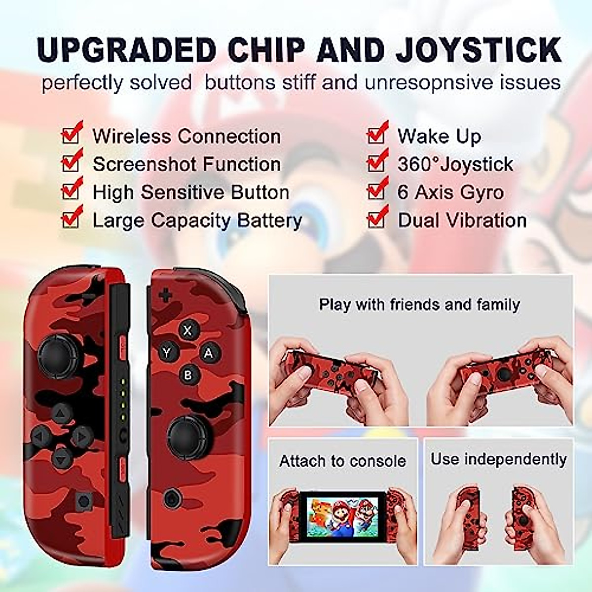 SWCTIM Joypad Controller for Nintendo Switch,Switch Controllers Joypad Supports Screenshot/Wake-up Function/Motion Control/Dual Vibration，Left Right Joypad Replacement for Switch/Lite/OLED(Camo Red)
