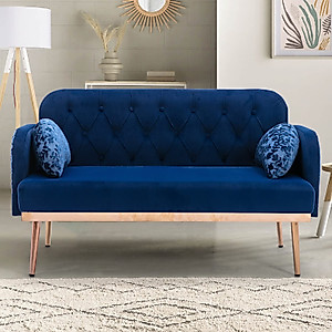 Nrizc Velvet Sofa Couch with 2 Pillows, Modern Small Loveseat Sofa with Golden Metal Legs, Navy Couch for Living Room