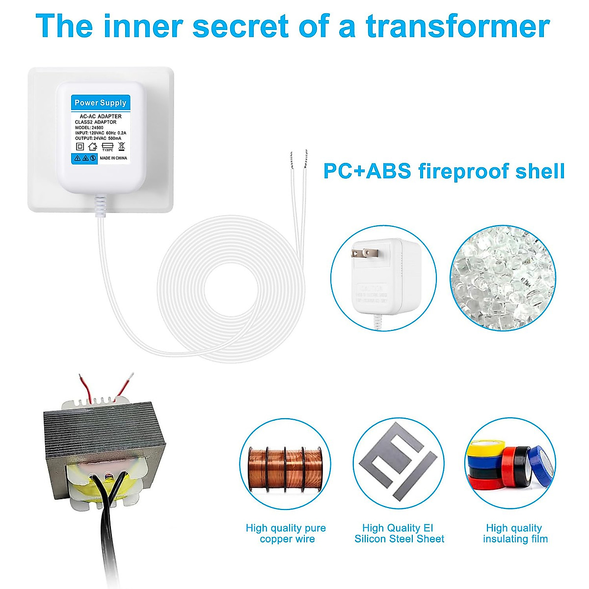 24V Doorbell Transformer Compatible with Ring Doorbell,Video Doorbell,Nest, Ecobee, Sensi and Honeywell Thermostats,24V 500MA AC Transformer (16.4FT White 12.0, Watts