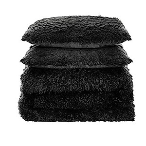 Sweet Home Collection Plush Shaggy Comforter Set Ultra Soft Luxurious Faux Fur Decorative Fluffy Crystal Velvet Bedding with 2 Shams, Queen, Black