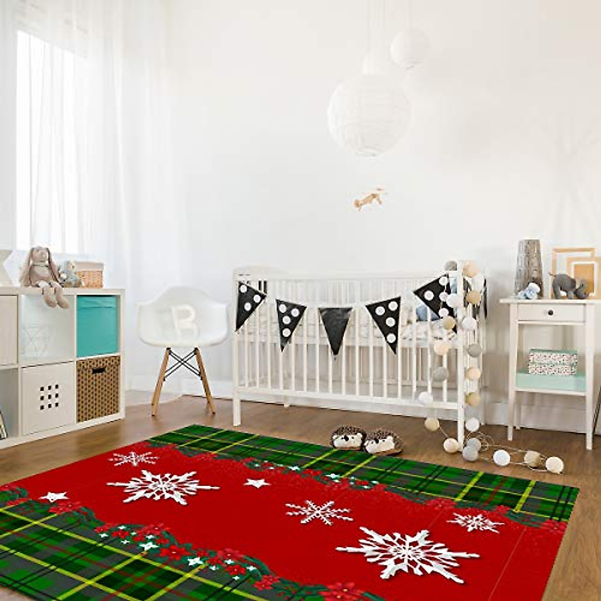 Indoor Area Rug - Welcome Mat Living Room Area Rugs Washable Non-Slip Floor Carpet for Bedroom Farmhouse Dorm (Christmas Snowflake Green Lattice, 2.7'x5')