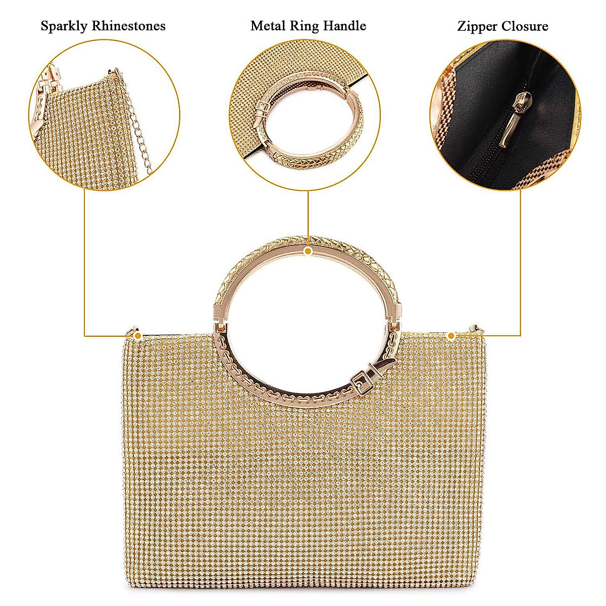 UBORSE Rhinestones Crystal Clutch Evening Bags for Women Ring Handle Wedding Party Clutch Purses Cocktail Prom Handbags Gold