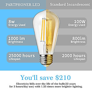 6-Pack 8W Dimmable Edison LED Light Bulbs 100W Equivalent, Vintage ST64/ST21 LED Filament Bulbs with 1000LM, 3000K Soft Warm White Lighting, E26 Medium Base Clear Glass for Home, Office, Restaurant