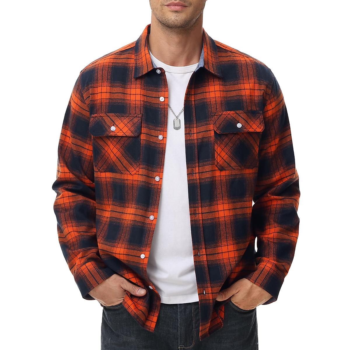 MAGCOMSEN Men's Fall Shirts for Men Button Up Flannel Shirts Long Sleeve Plaid Shirts Winter Shirts Casual Shirts Orange,2XL
