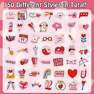 Partywind 150 PCS Valentine's Day Stickers, Waterproof Heart Love Stickers for Valentines Decorations, Cute Valentines Day Prizes for Kids Classroom, Water Bottle/Laptop/Computer Decor