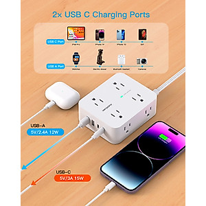 Surge Protector Power Strip, Extension Cord with Multiple Outlets, 5 Ft Ultra Thin Flat Plug 8 Outlets 4 USB Ports(2USB C),1080J Multi Plug Outlet Extender for Home Office College Dorm Room Essentials