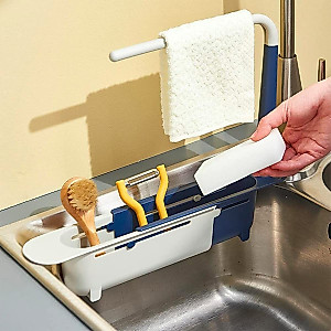 Dazzlewings Updated Telescopic Sink Storage Rack Holder with 2 Sponge, Adjustable Telescopic 2-in-1 Sink Storage Rack Holder with Dishcloth for Home Kitchen(Blue)