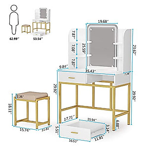 LITTLE TREE Vanity Set with LED Lighted Mirror and Cushioned Stool, Large Vanity Table Dressing Table Desk with Storage Shelves and 2 Drawers for Bedroom