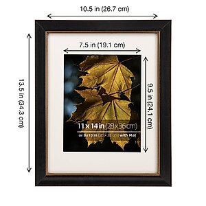 Eitida 11x14 Wood Black Gold 2 Tone Vintage Antique Retro Picture Frame, Museum Grade Off White Mat for 8x10 Photos, Art Display, Real Glass Protection, Wall Hanging, Gold Inner