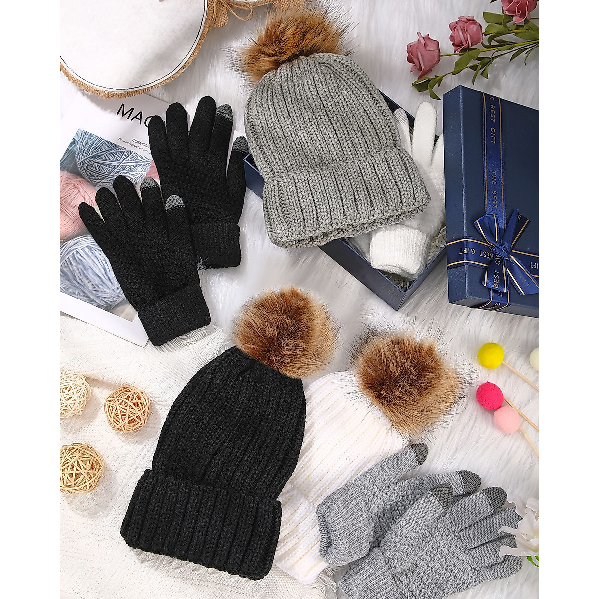 6 Pieces Women Knitted Winter Hat Glove Set Skull Cap Beanie Touchscreen Gloves Texting Gloves for Women (Black, White, Grey)