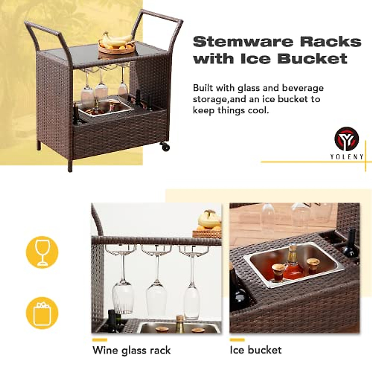 YOLENY Outdoor Wicker Bar Cart,Rolling Patio Wine Cart with Ice Bucket,Glass Countertop, Wine Glass Holders,Rattan Bar Serving Cart for Pool, Party, Backyard