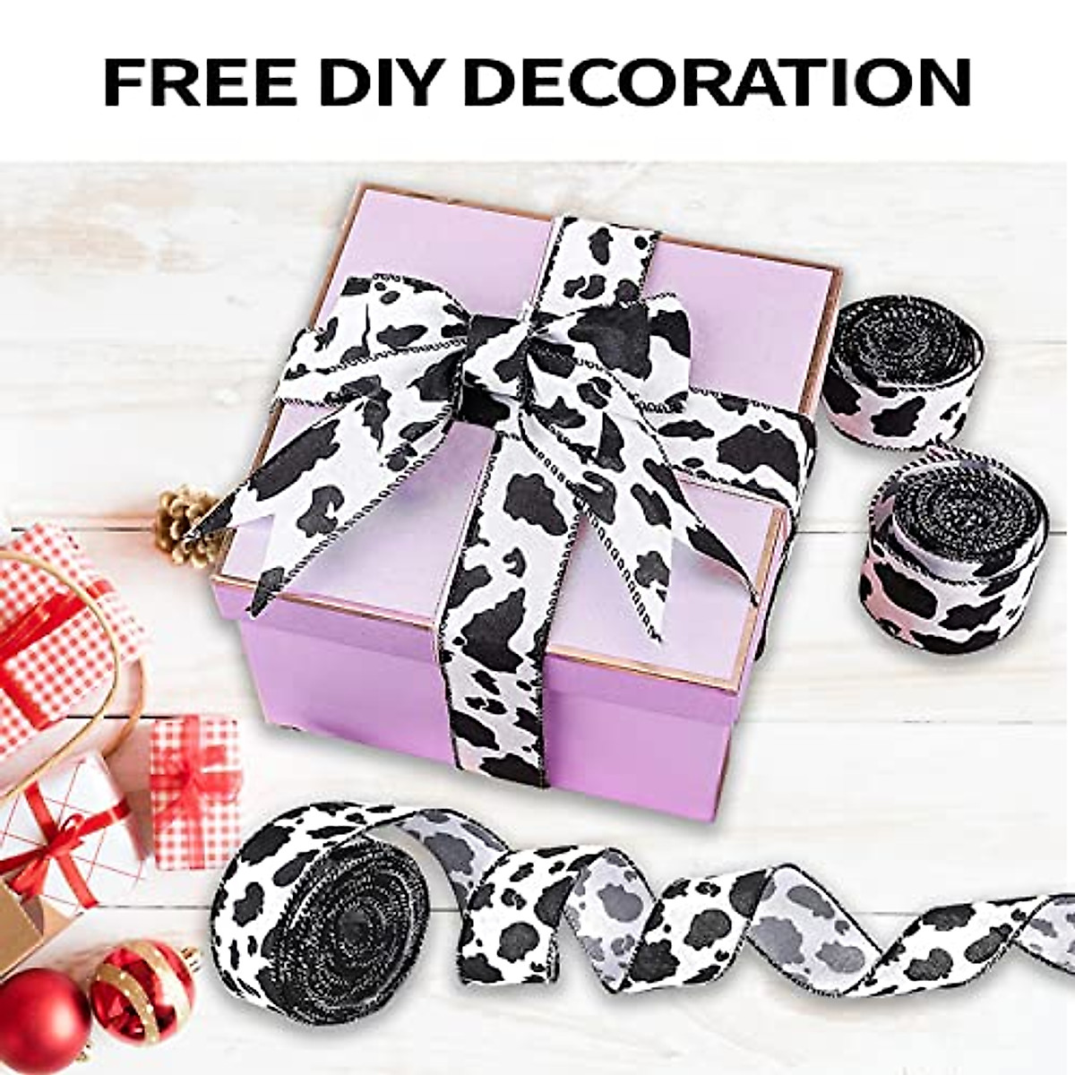 3 Rolls Wired Cow Grosgrain Ribbon, 15 Yards Wired Cow Print Ribbon Black and White Ribbon Animal Print Ribbon, Cow Spot Pattern Ribbon, Animal Print Ribbon for Wreath Bow DIY Crafts Party Decoration