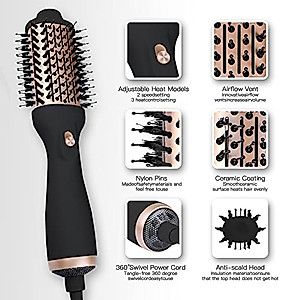 Hot Air Brush, Blow Dryer Brush, Deyzeum One Step Hair Dryer & Volumizer, Hair Straightener Brush Comb for Women, Negative Ion Anti-Frizz Blowout Brush for Drying, Straightening, Curling, Salon, Black