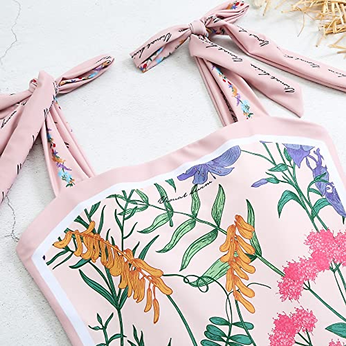 Women Floral One Piece Swimsuits, Reversible Tie Shoulder Monokini, Tummy Control Bathing Suits, Square Neck Swimwear Pink