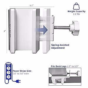 VIVO Clamp-on Power Strip Mount for Desk Leg, Under Desk Office Cable Management Organizer, Spring-Assisted Cord Holder, White, DESK-PS01LC