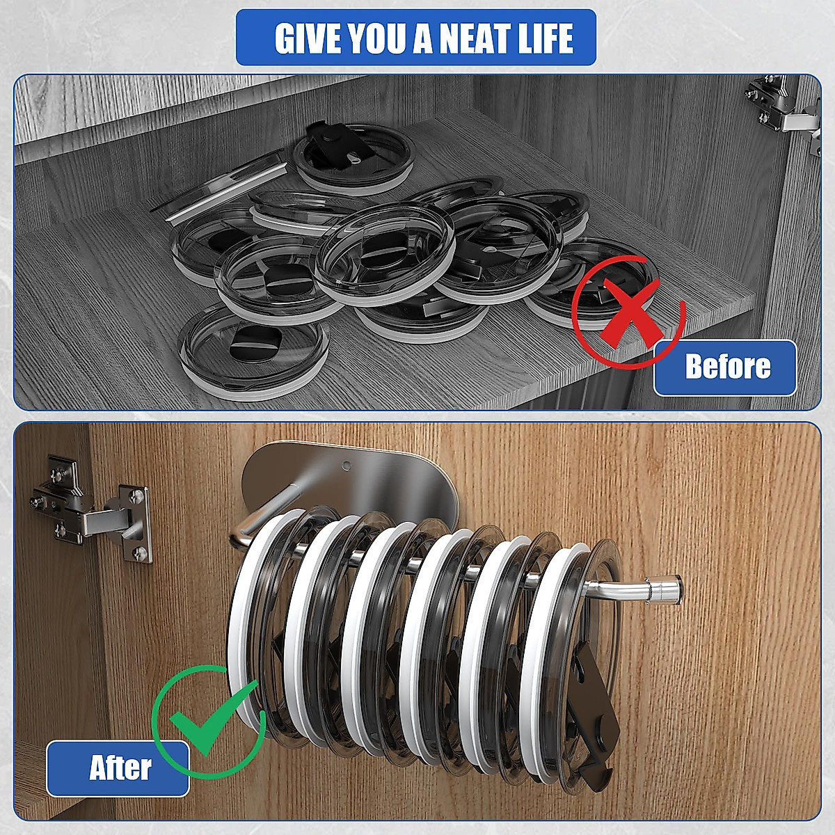 FOURHARVEST Tumbler Lid Organizer 2 Pack,Space Saving Cup Lid Hook for Simple Modern Cup Lids,Lid Storage Rack Used in Kitchen Storage Cabinet Inside Or Under (Silver)