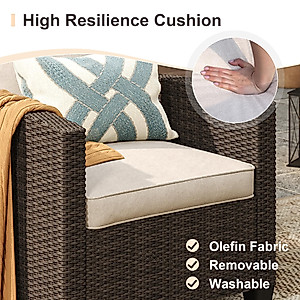 VICLLAX 8 Pieces Wicker Patio Furniture Set with Fire Pit Table 44.8" Metal Top, 3-Seat Sofa, 4 Single Chairs, 2 Ottomans, Outdoor Conversation Set for Garden, Poolside, Backyard, Beige Cushion