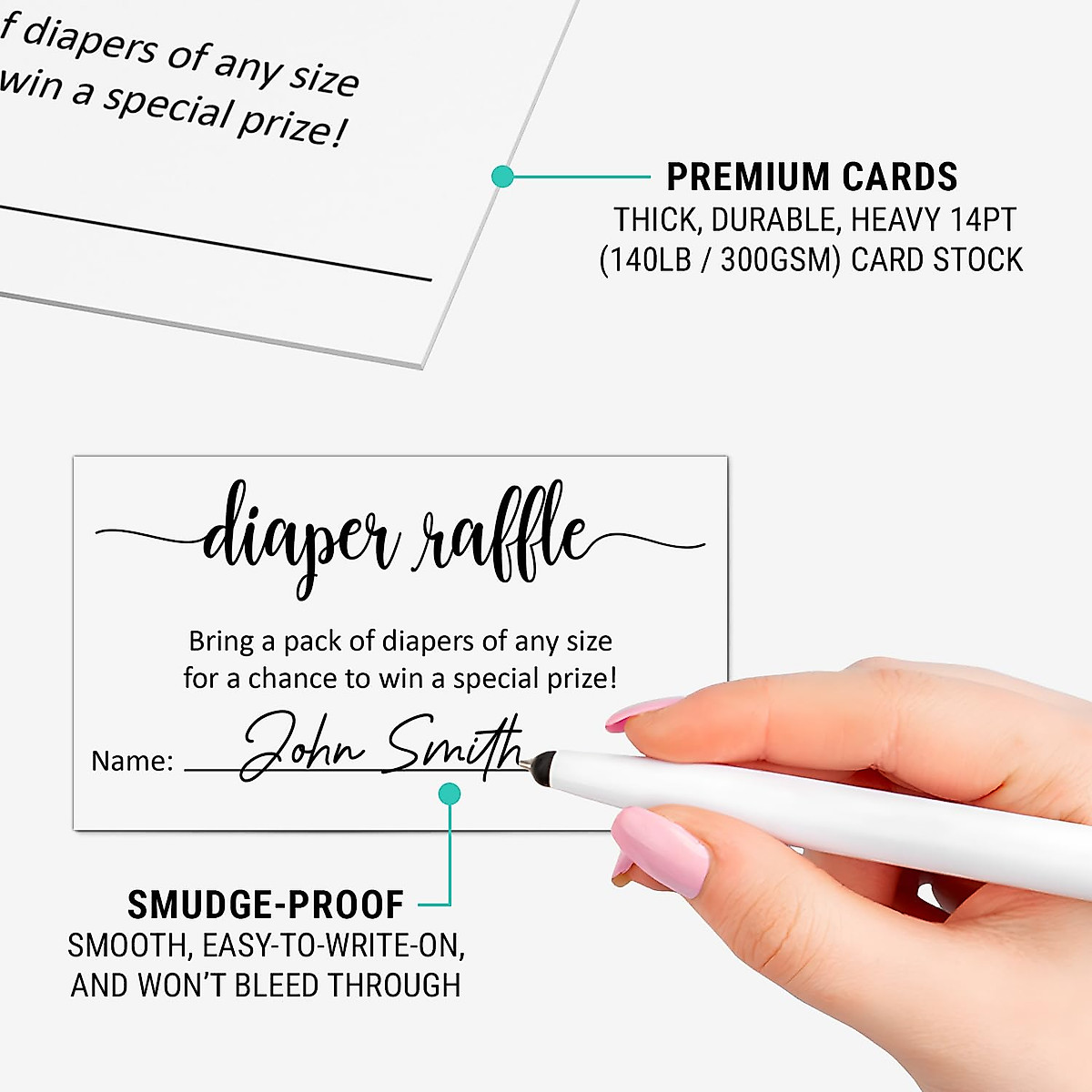 321Done Diaper Raffle Tickets, Made in USA - 3.5x2 White, With Name Line, Baby Shower Game, Enter to Win Drawing, Prize, Small - Set of 50