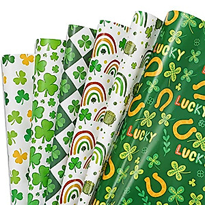 AnyDesign 12 Sheet St. Patrick's Day Wrapping Paper 6 Design Green Lucky Shamrock Rainbow Print Wrapping Paper Decorative Art Paper for Holiday Party Celebration, 19.7 x 27.6 Inch, Folded Flat